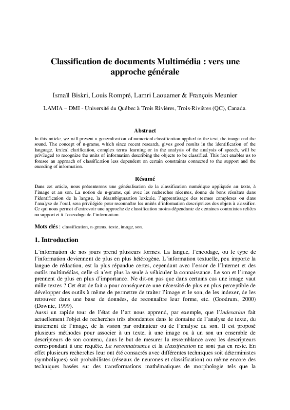 (PDF) Classification de documents Multimédia : vers une approche générale