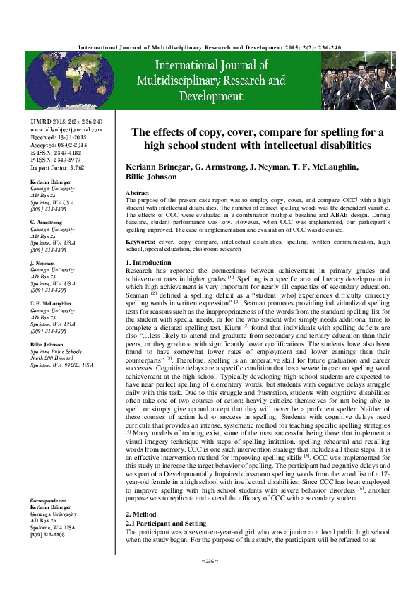 The effects of copy, cover, compare for spelling for a high school ...