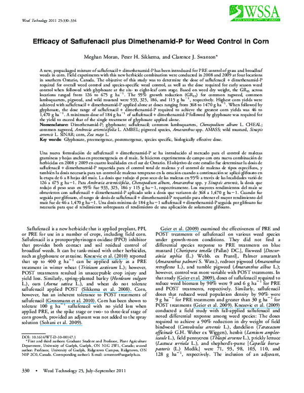 (PDF) Efficacy of Saflufenacil plus Dimethenamid-P for Weed Control in Corn