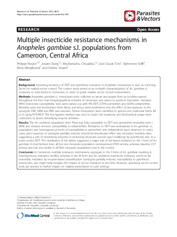 (PDF) Multiple insecticide resistance mechanisms in Anopheles gambiae s.l. populations from ...