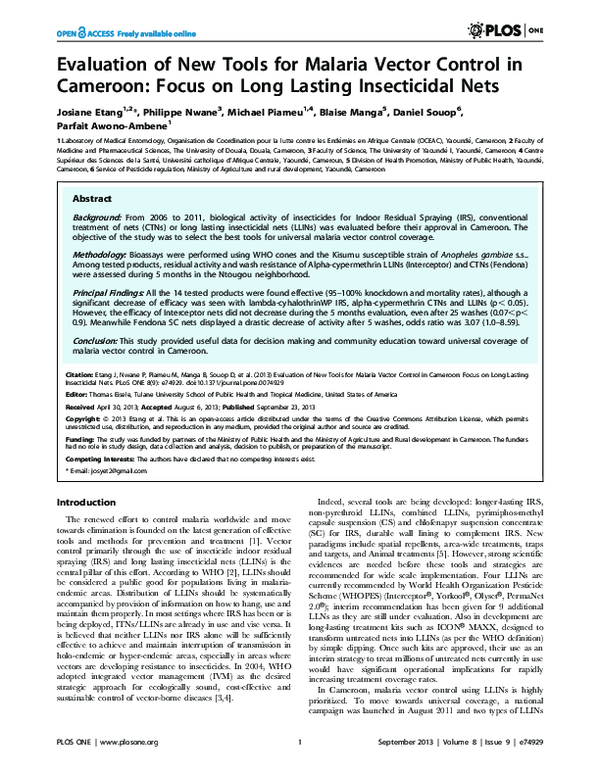 (PDF) Evaluation of New Tools for Malaria Vector Control in Cameroon ...