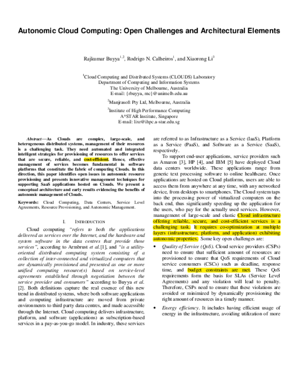 (PDF) Autonomic Cloud Computing: Open Challenges and Architectural Elements