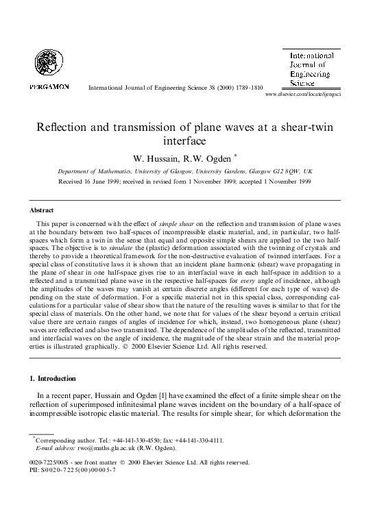 Pdf Reflection And Transmission Of Plane Waves At A Shear Twin Interface