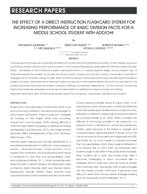 THE EFFECT OF A DIRECT INSTRUCTION FLASHCARD SYSTEM FOR INCREASING ...