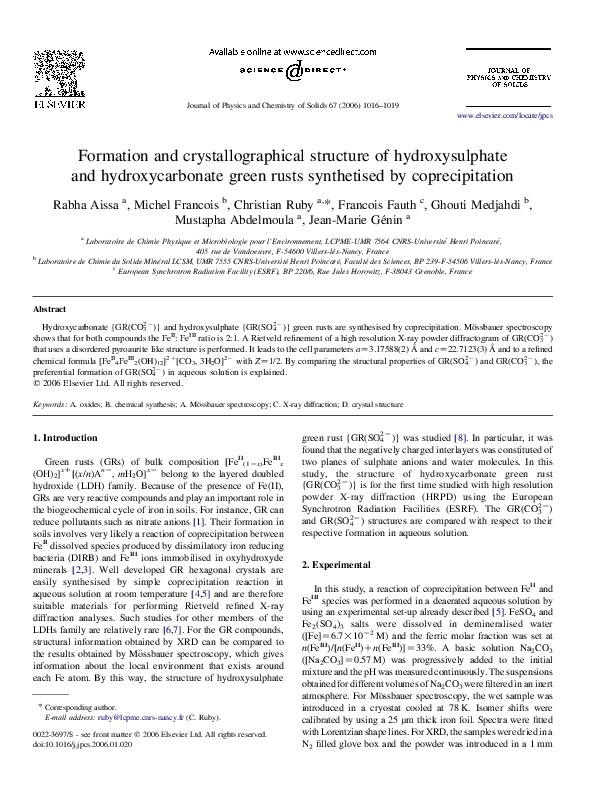 (PDF) Formation and crystallographical structure of hydroxysulphate and hydroxycarbonate green ...