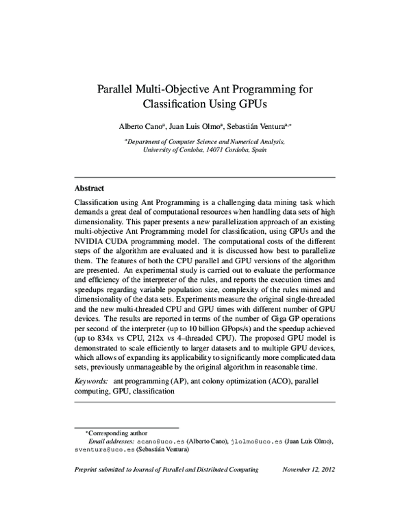 Pdf Parallel Multi Objective Ant Programming For Classification Using Gpus 8699
