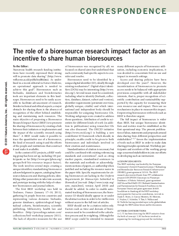 (PDF) The role of a bioresource research impact factor as an incentive ...