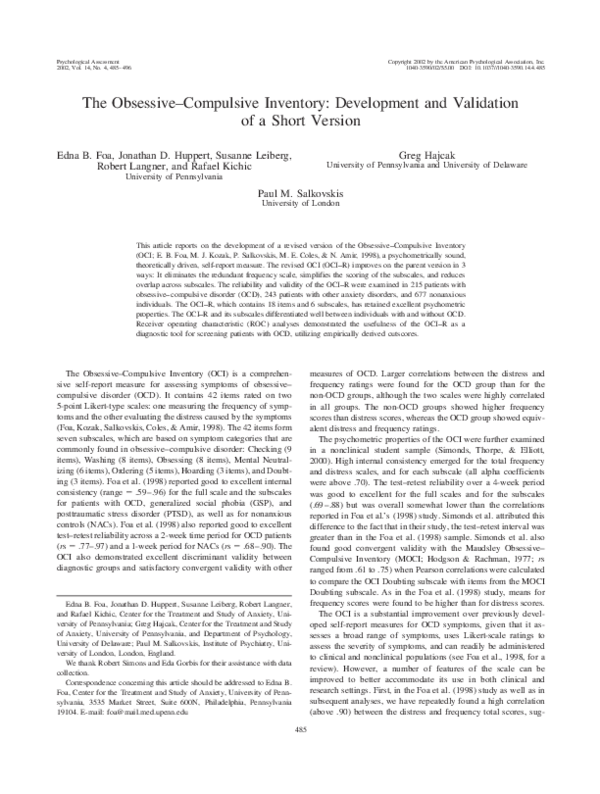(PDF) The Obsessive-Compulsive Inventory: Development and validation of ...