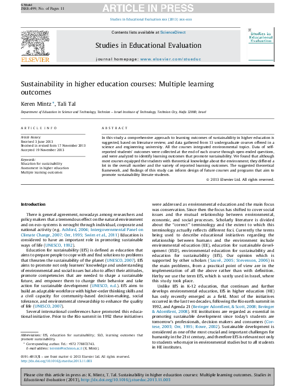 (PDF) Sustainability in higher education courses: Multiple learning ...