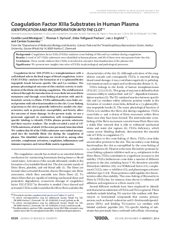 (PDF) Coagulation Factor XIIIa Substrates in Human Plasma ...