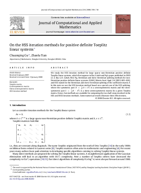 (PDF) On the HSS iteration methods for positive definite Toeplitz linear systems