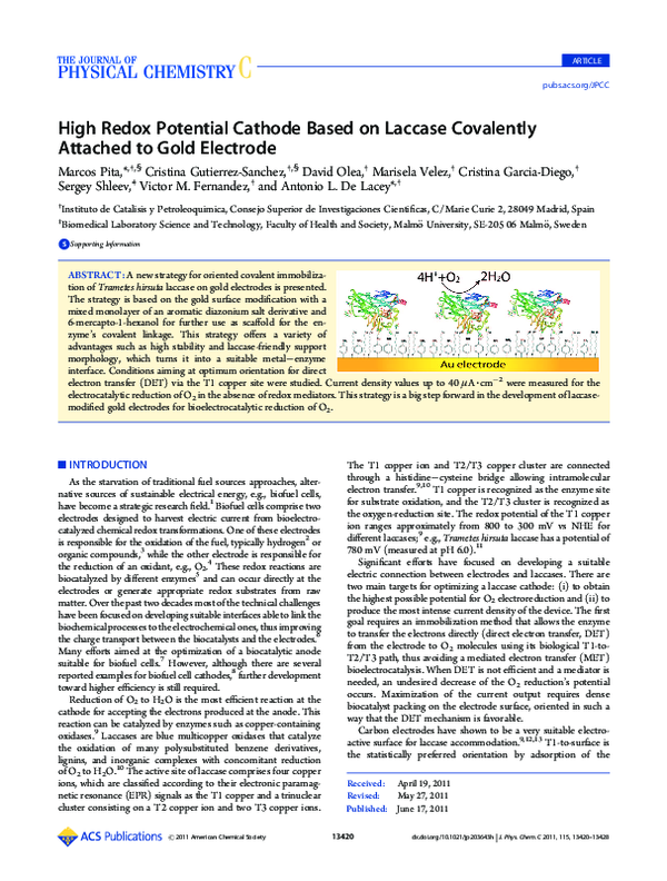 (PDF) High Redox Potential Cathode Based on Laccase Covalently Attached to Gold Electrode