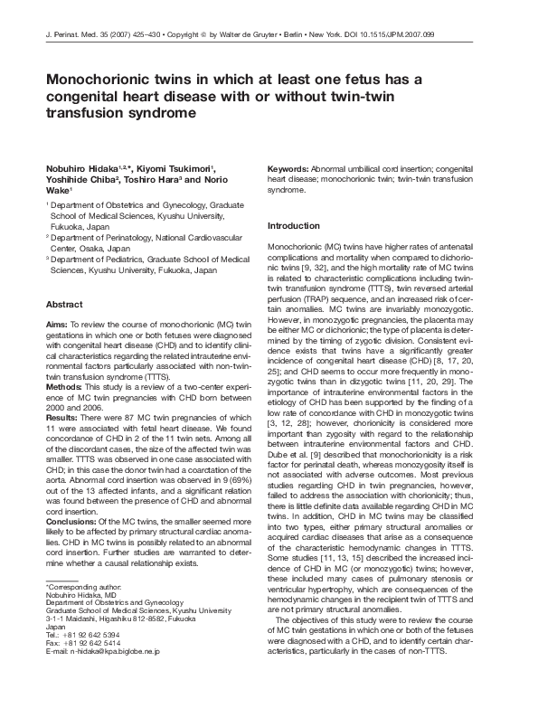 (PDF) Monochorionic twins in which at least one fetus has a congenital ...
