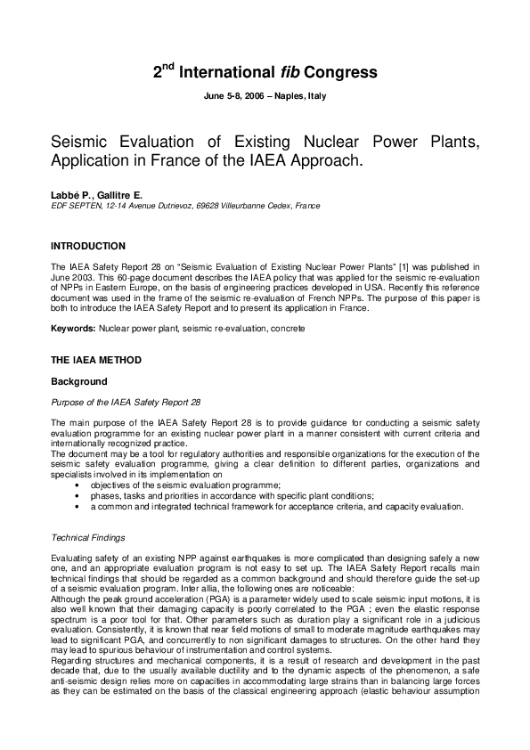 (PDF) Seismic Evaluation of Existing Nuclear Power Plants, Application ...