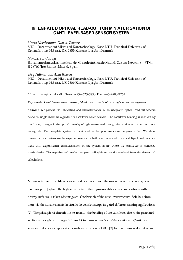 (PDF) Integrated optical readout for miniaturization of cantilever-based sensor system