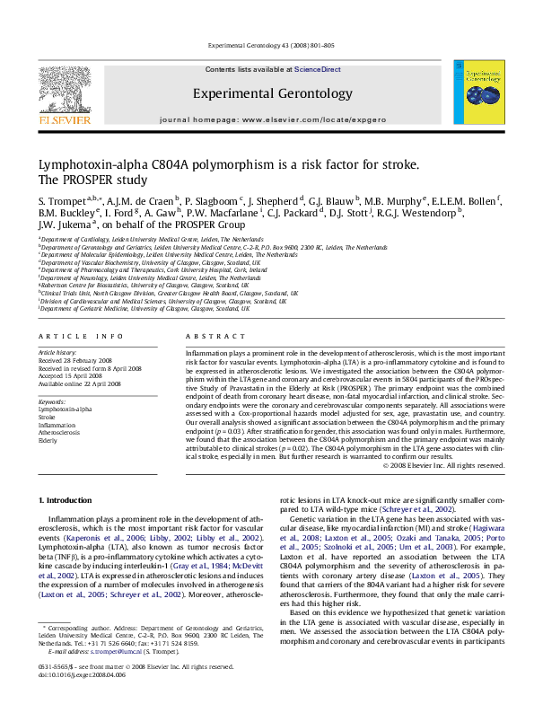 (PDF) Lymphotoxin-alpha C804A polymorphism is a risk factor for stroke ...