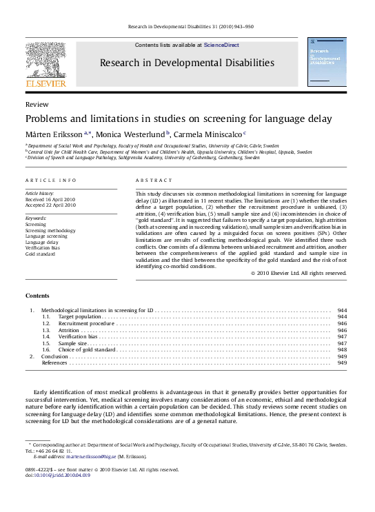 (PDF) Problems and limitations in studies on screening for language delay