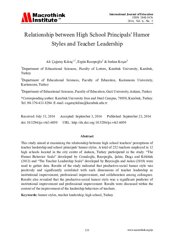 (PDF) Relationship between High School Principals' Humor Styles and ...