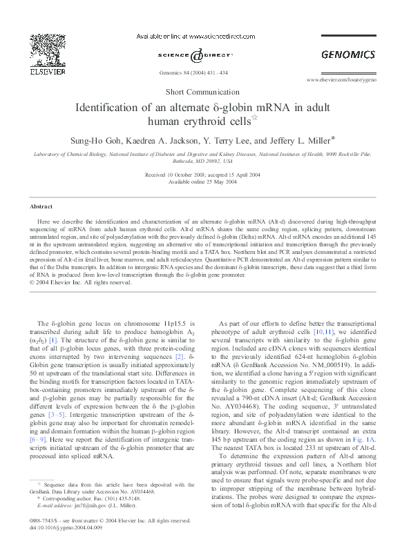 (PDF) Identification of an alternate delta-globin mRNA in adult human ...