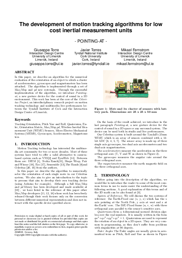 (PDF) The development of motion tracking algorithms for low cost inertial measurement units