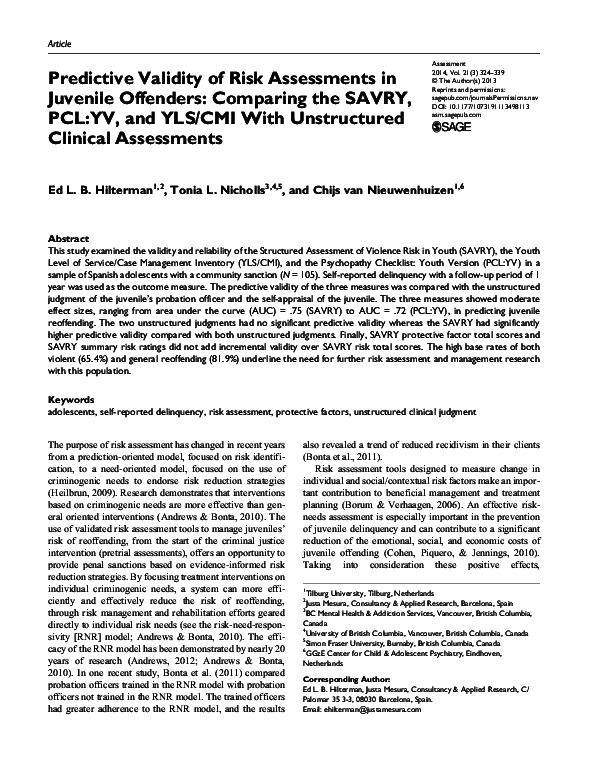 (PDF) Predictive Validity of Risk Assessments in Juvenile Offenders ...