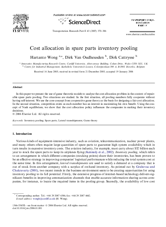 (PDF) Cost allocation in spare parts inventory pooling