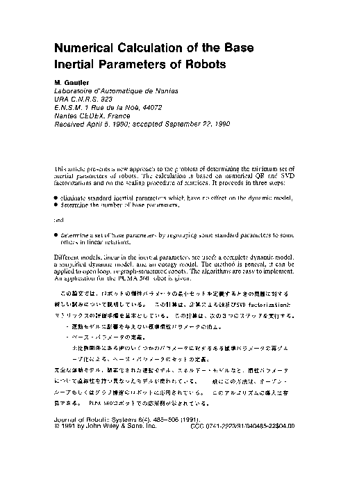 (PDF) Numerical calculation of the base inertial parameters of robots