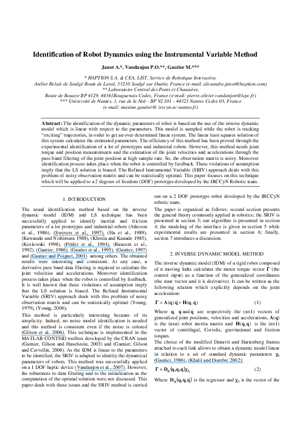 (PDF) Identification of robots dynamics with the Instrumental Variable method