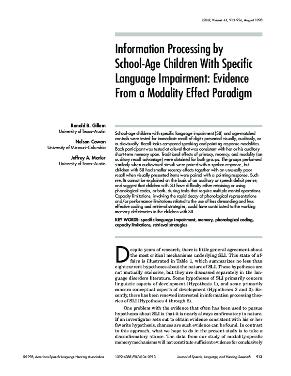 (PDF) Information processing by school-age children with specific language impairment: evidence ...