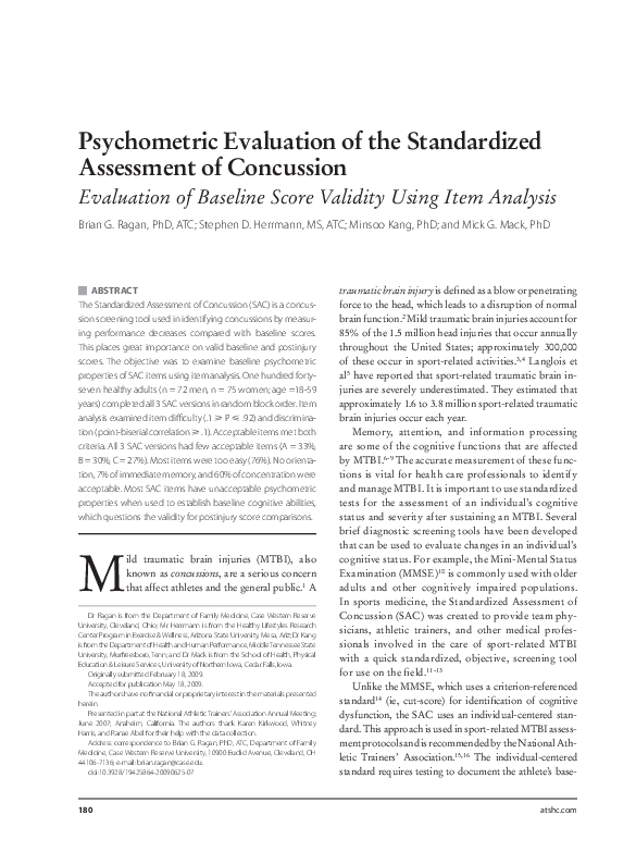 (PDF) Psychometric Evaluation of the Standardized Assessment of Concussion