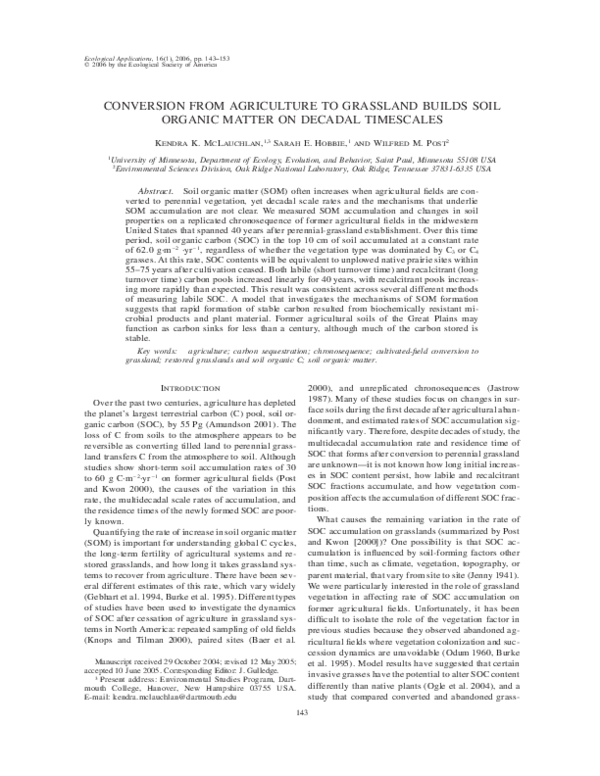 (PDF) Conversion From Agriculture To Grassland Builds Soil Organic Matter On Decadal Timescales