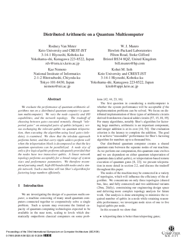 Pdf Distributed Arithmetic On A Quantum Multicomputer