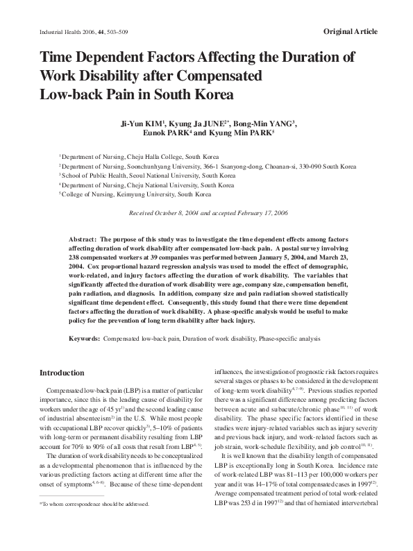 (PDF) Time Dependent Factors Affecting the Duration of Work Disability ...