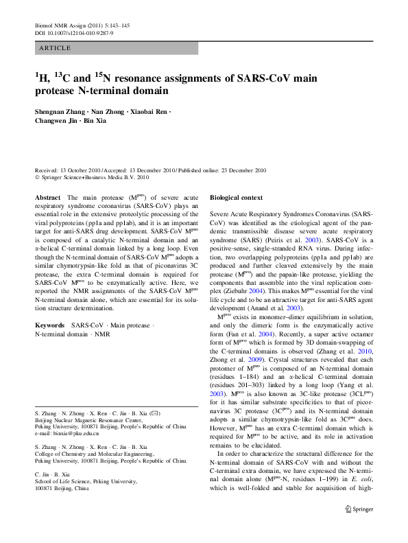 (PDF) 1H, 13C and 15N resonance assignments of SARS-CoV main protease N-terminal domain