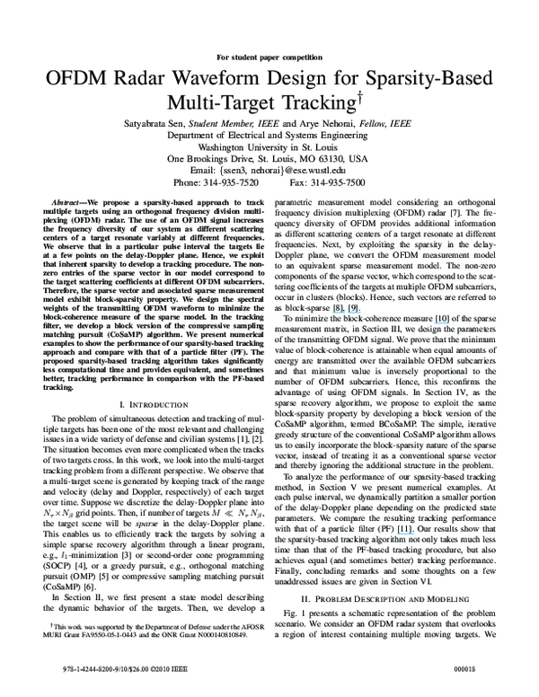 Pdf Ofdm Radar Waveform Design For Sparsity Based Multi Target Tracking