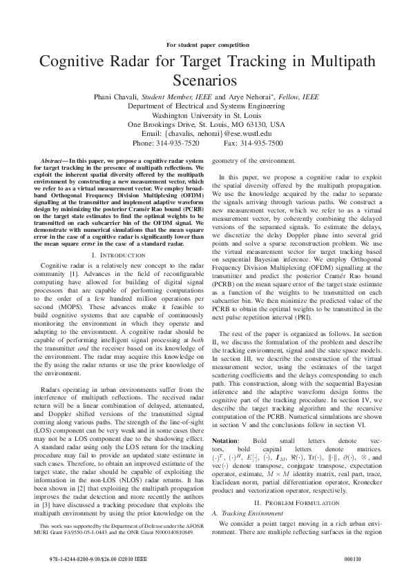 Pdf Cognitive Radar For Target Tracking In Multipath Scenarios