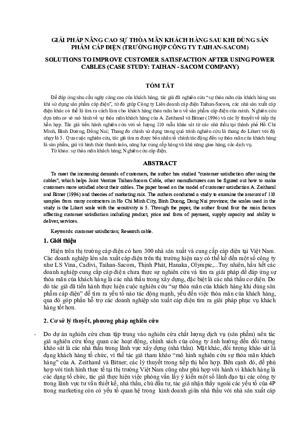 (DOC) GI I PHÁP NÂNG CAO S TH A MÃN KHÁCH HÀNG SAU KHI DÙNG S N PH M CÁP ĐI N (TR NG H P CÔNG TY ...