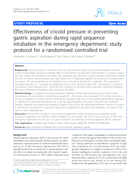 (PDF) Effectiveness of cricoid pressure in preventing gastric ...