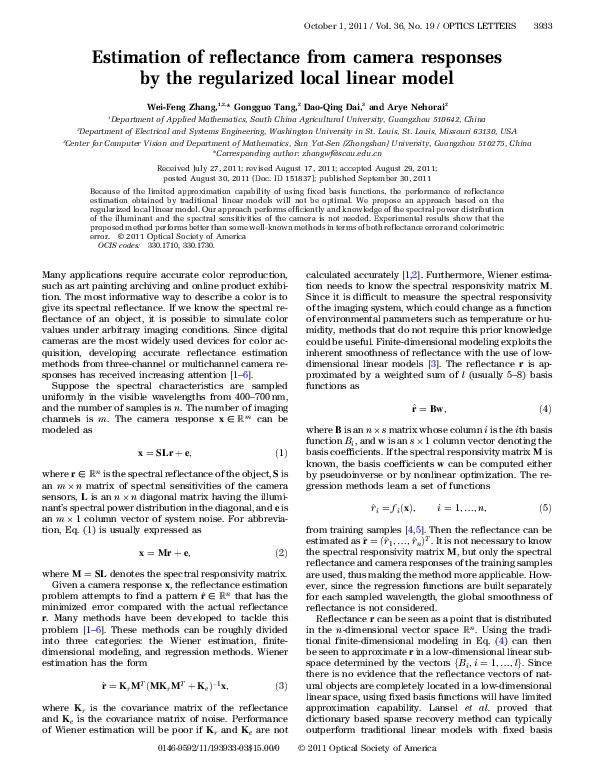 (PDF) Estimation of reflectance from camera responses by the regularized local linear model