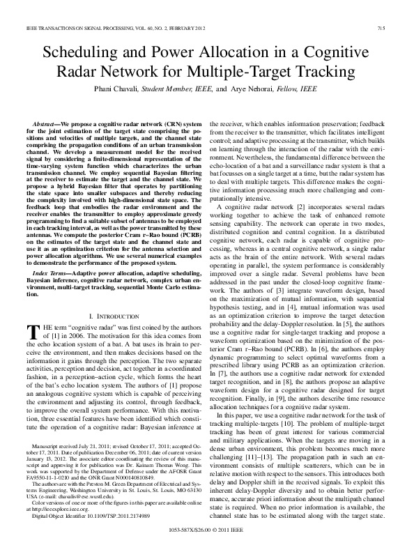 (PDF) Scheduling and Power Allocation in a Cognitive Radar Network for Multiple-Target Tracking