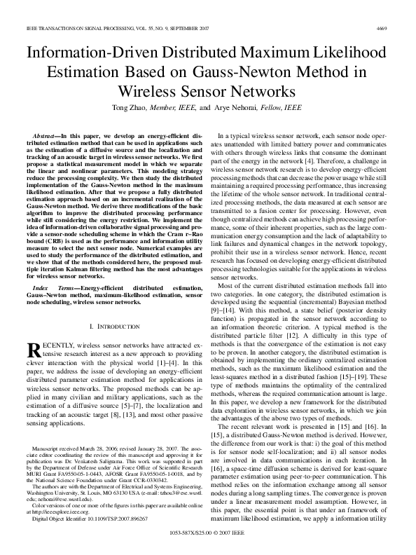 (PDF) Information-Driven Distributed Maximum Likelihood Estimation Based on Gauss-Newton Method ...