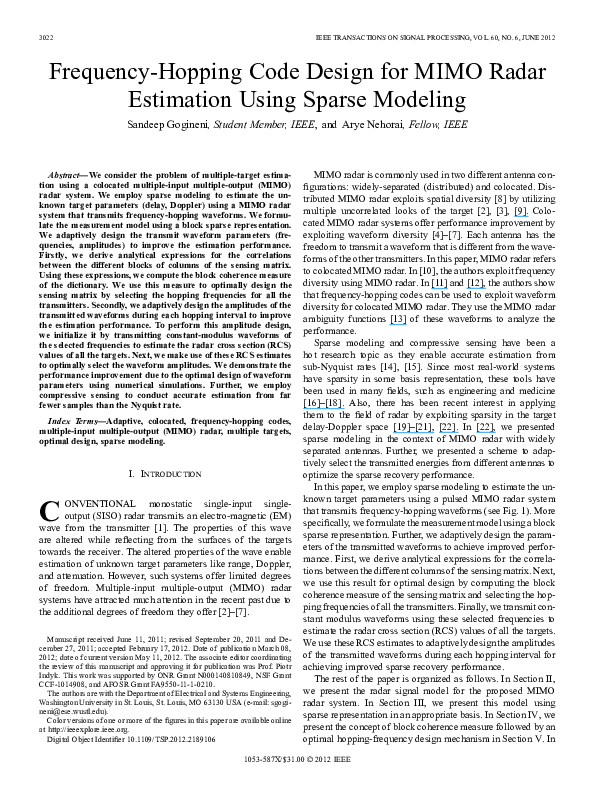 (PDF) Frequency-Hopping Code Design for MIMO Radar Estimation Using Sparse Modeling