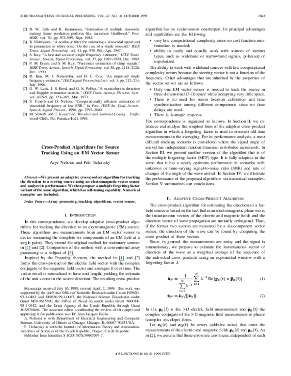Pdf Cross Product Algorithms For Source Tracking Using An Em Vector