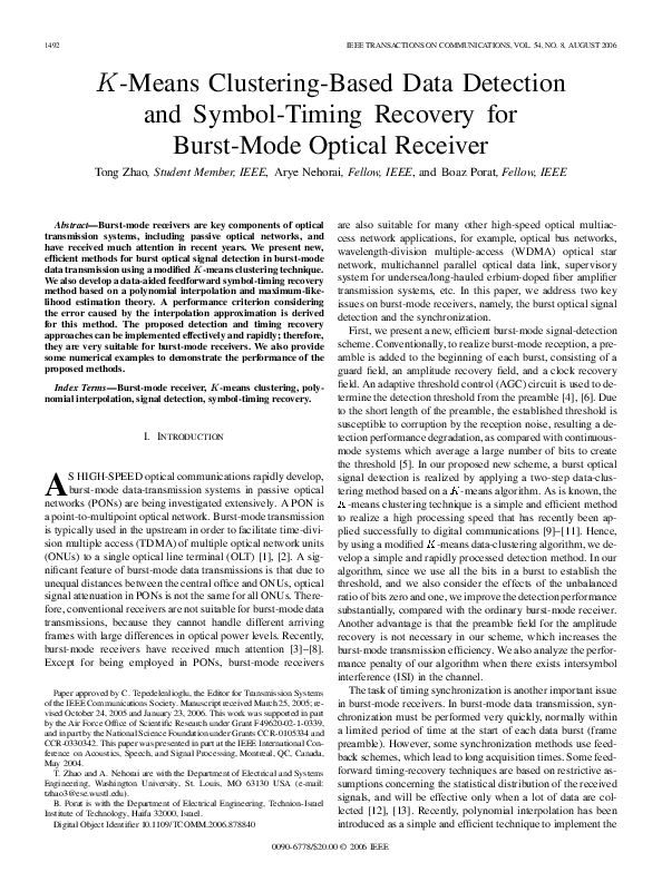 (PDF) K-means clustering-based data detection and symbol-timing recovery for burst-mode optical ...