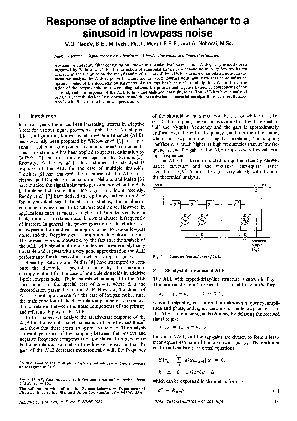 (PDF) Response of adaptive line enhancer to a sinusoid in lowpass noise