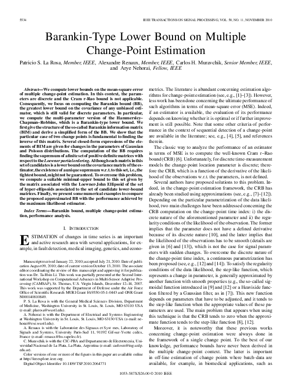 (PDF) Barankin-Type Lower Bound on Multiple Change-Point Estimation