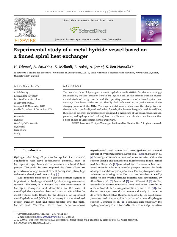 (PDF) Experimental study of a metal hydride vessel based on a finned ...