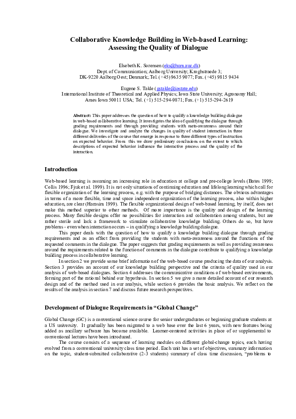 (PDF) Collaborative Knowledge Building in Web-based Learning: Assessing the Quality of Dialogue