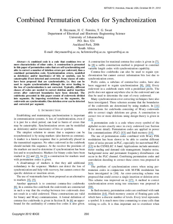 (PDF) Combined Permutation Codes for Synchronization