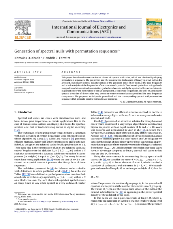 (PDF) Generation of spectral nulls with permutation sequences